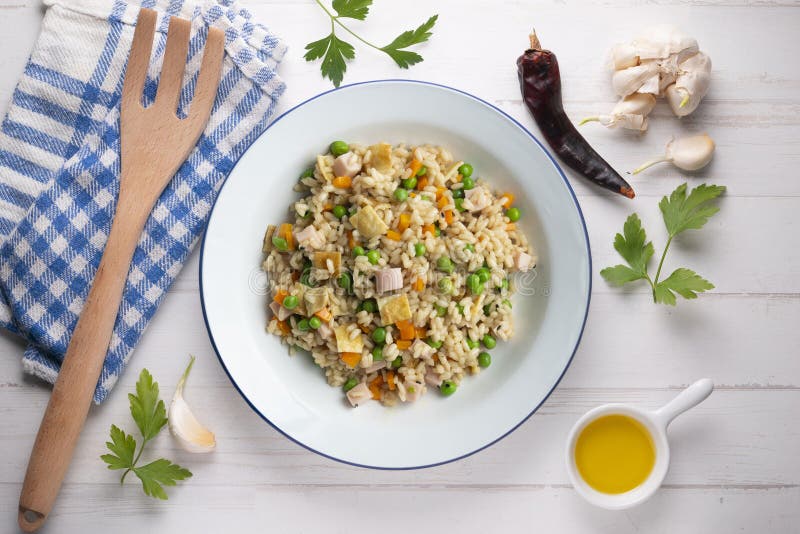 Brown Rice with Vegetables and Turkey Cubes. Top View Table Stock Photo ...