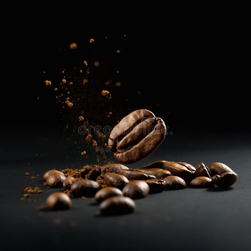 Brown Roasted Coffee Beans with Coffee Powder Closeup on Black ...