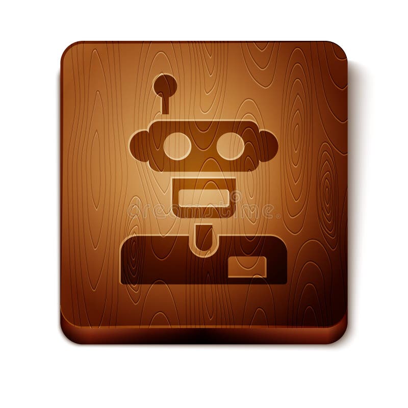 Brown Robot Icon Isolated on White Background. Wooden Square Button ...
