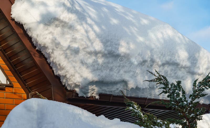 The Brown Roof of House Under Very Thick Layer of White Fluffy Snow ...