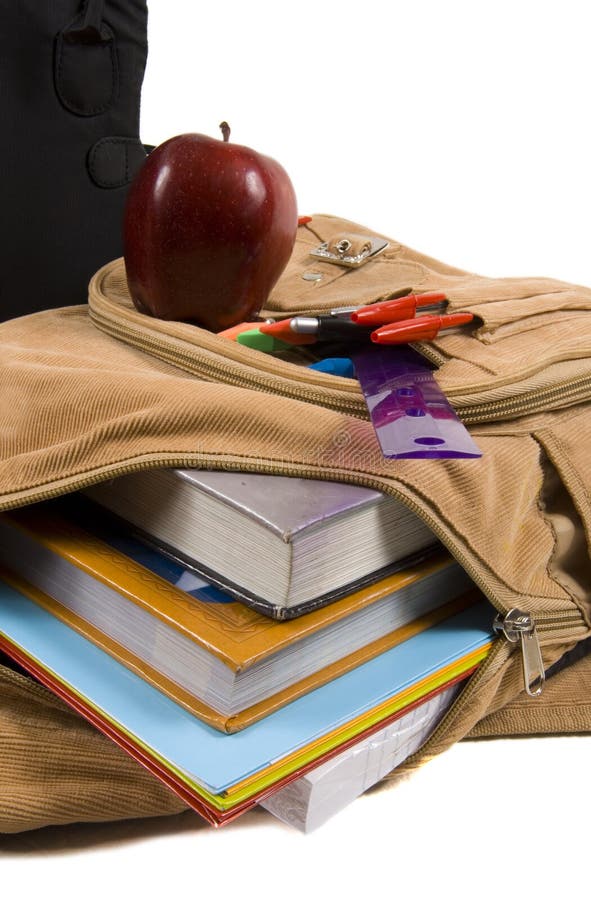 Brown School Back Pack Full of School Supplies and an Apple Stock Image ...
