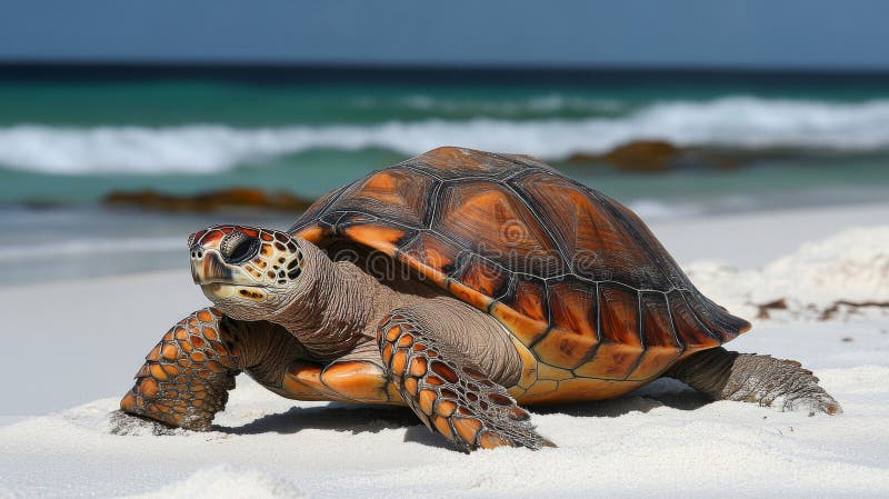 Brown Sea Turtle Crawling on Sandy Beach Near Ocean Stock Illustration ...