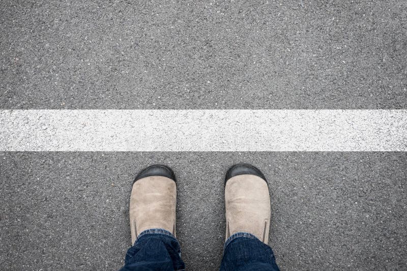 Brown Shoes Standing at the White Line Stock Photo - Image of start ...
