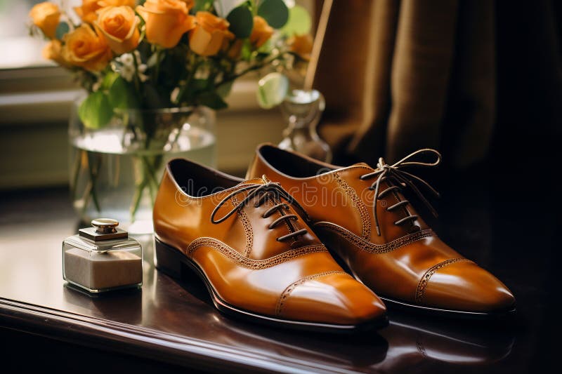 Brown shoes on table stock image. Image of resting, casual - 321533427
