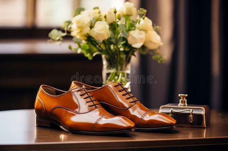 Brown shoes on table stock image. Image of accessory - 321533383