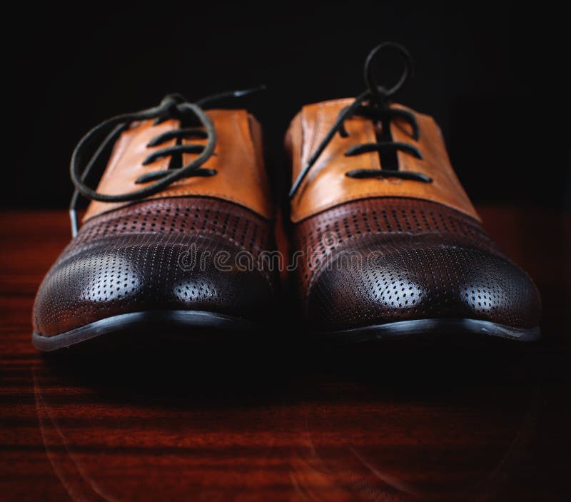 Brown Shoes on the Wooden Table Stock Photo - Image of style, foot ...