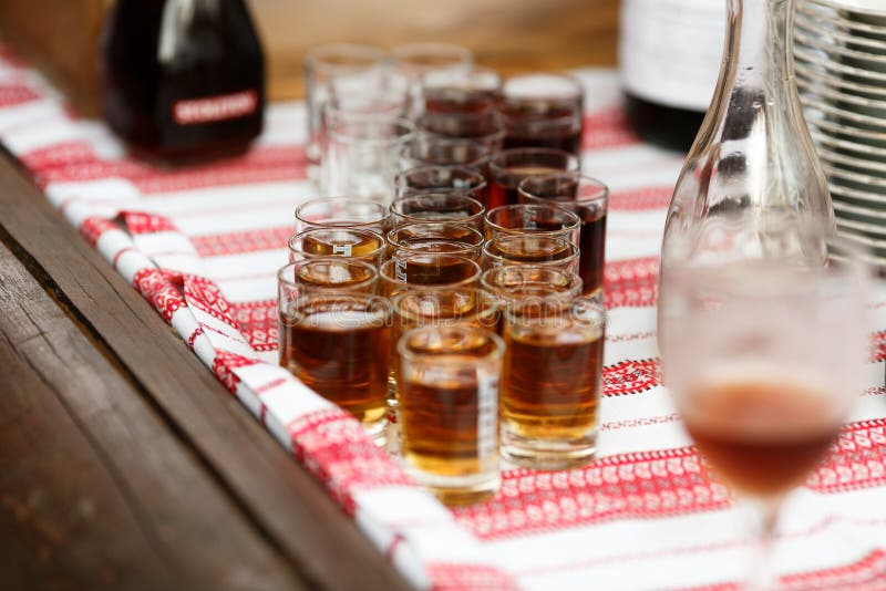 Brown Shots Stand on a Table Decorated in an Ethnic Style Stock Image ...