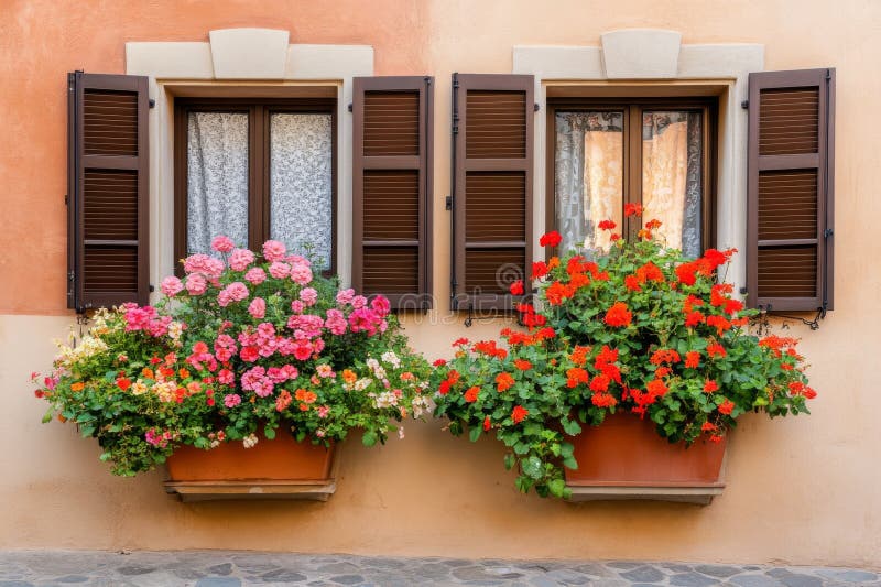 Brown Shutters Adorn Vintage Windows Situated on a Beige Building Wall ...
