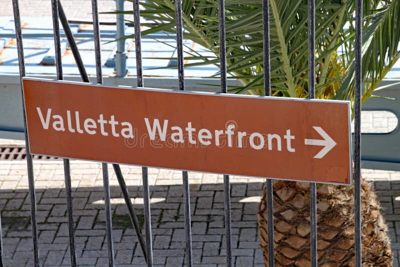 Brown Sign Pointing To Valletta Waterfront Stock Image - Image of water ...