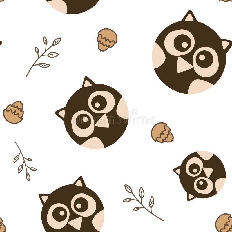 Brown Simple Drawing Owls with Cones and Branches Isolated Seamless ...