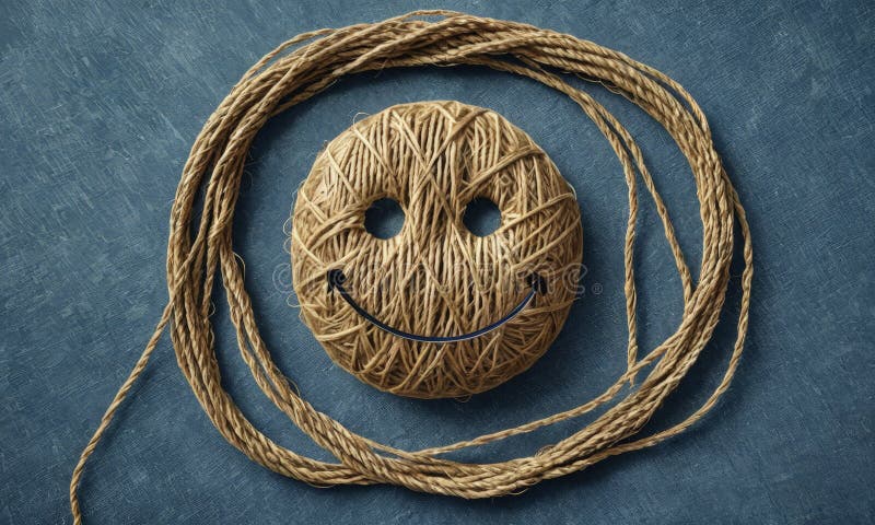Brown Smiley Face Made Yarn is Centered on Blue Background, Surrounded ...