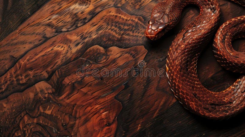 Brown Snake Coiled on a Dark Wood Surface Stock Image - Image of light ...