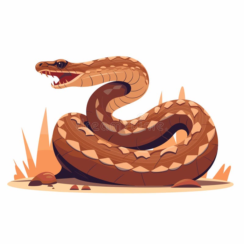 Brown Snake Coiled on Rocky Ground with Sharp Teeth and Alert Posture ...