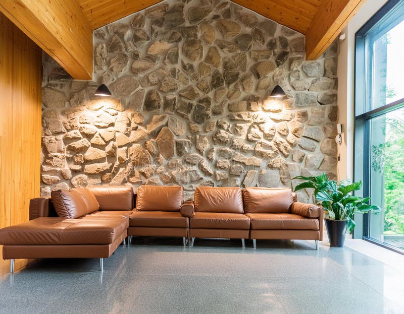 Brown Sofas Against Stone Tiles Cladding Wall in Room with High Ceiling. Loft Interior Design ...