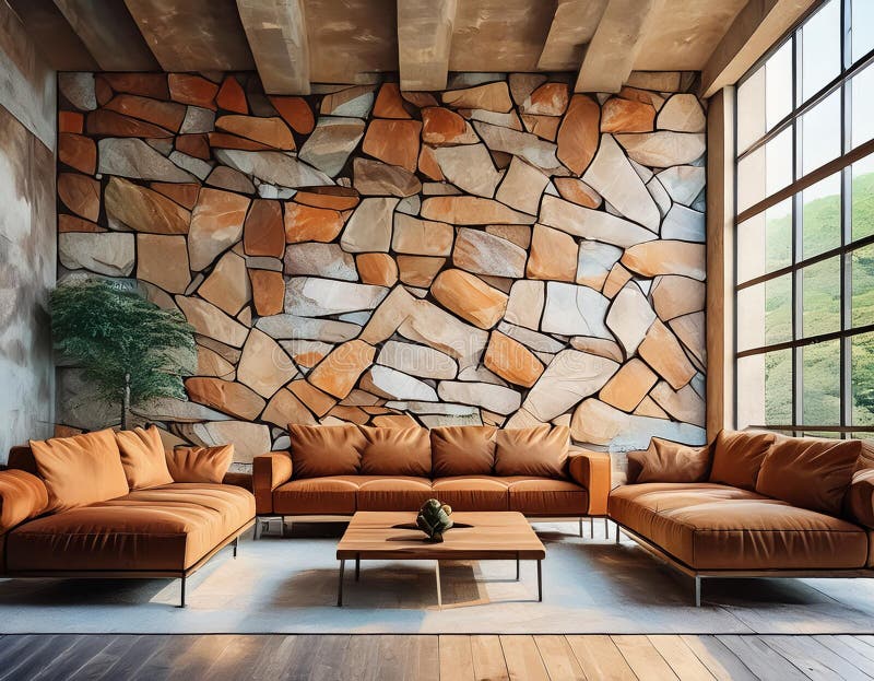 Brown Sofas Against Stone Tiles Cladding Wall in Room with High Ceiling ...