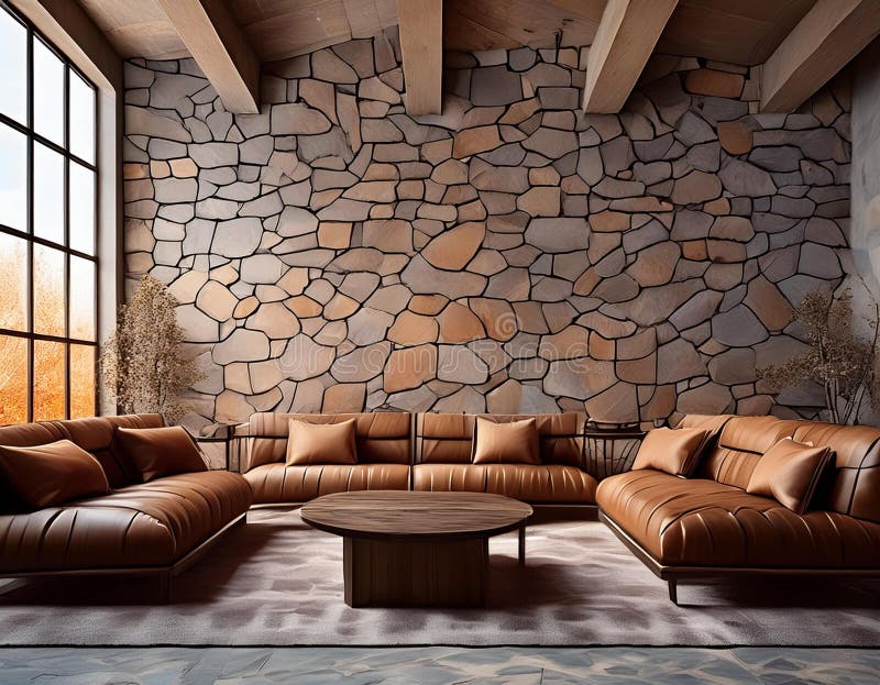Brown Sofas Against Stone Tiles Cladding Wall in Room with High Ceiling ...