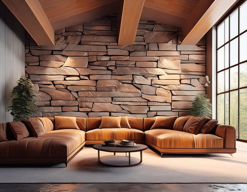 Brown Sofas Against Stone Tiles Cladding Wall in Room with High Ceiling ...