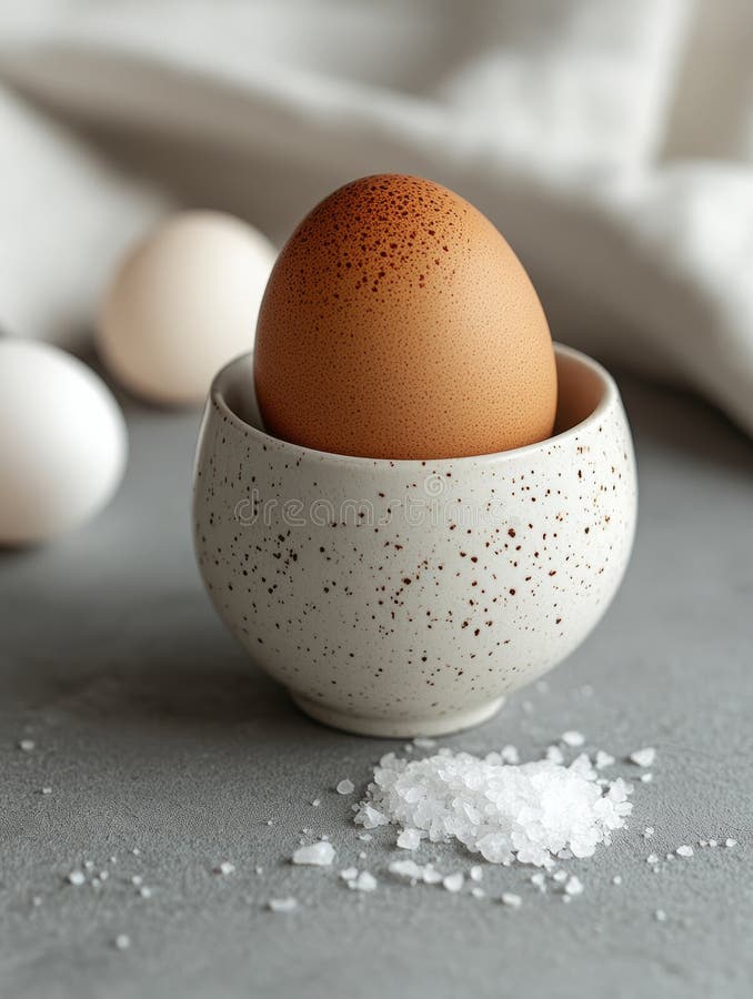 Brown Speckled Egg in a Ceramic Cup with Salt on the Side Stock Image ...