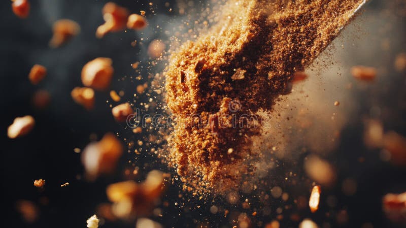 Brown Spice Powder Flying Against Dark Background Stock Illustration ...