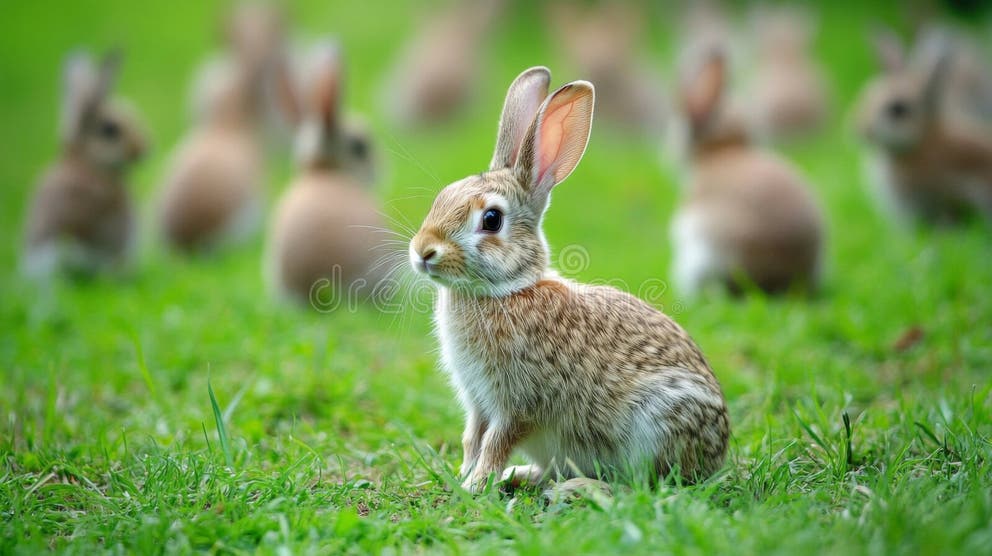 Brown Spotted Rabbit in Green Grass Field Stock Illustration ...