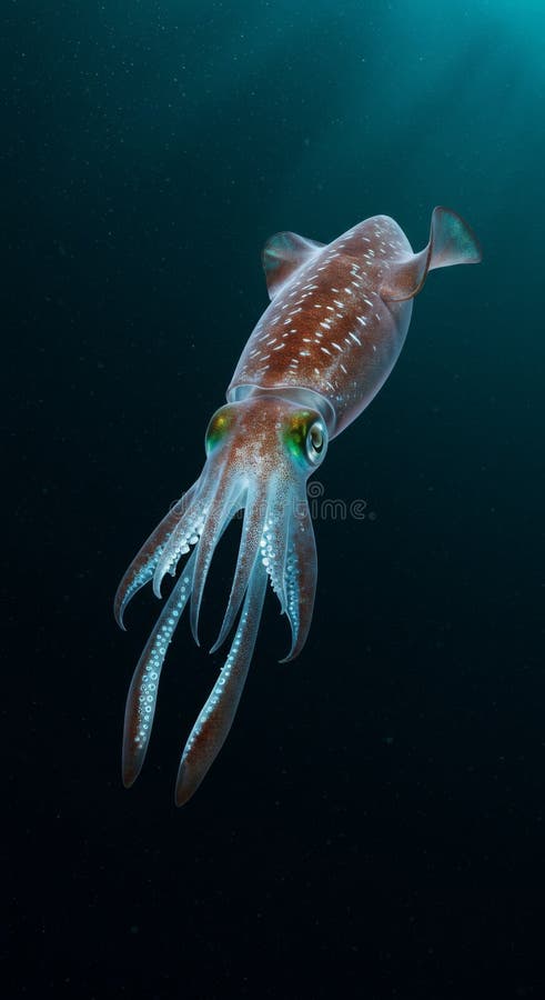 Brown Spotted Squid Underwater in Dark Blue Ocean Stock Illustration ...