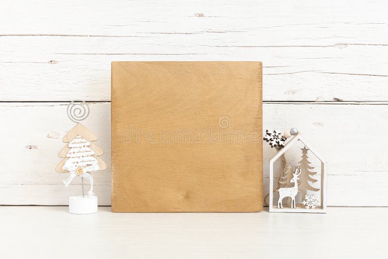 Brown Square Wooden Sign Mockup with Christmas Attributes Stock Image ...