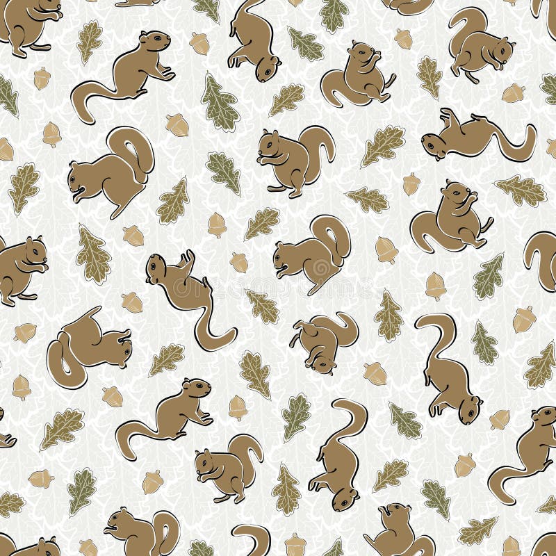 Brown Squirrels and Acorns with Green Leaves on White Background Seamless Repeat Pattern ...