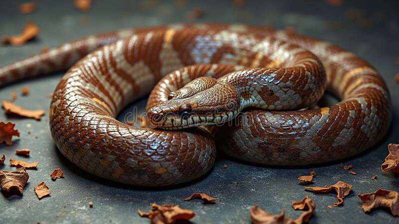 Brown Striped Snake Coiled on Dark Surface with Leaves Stock ...