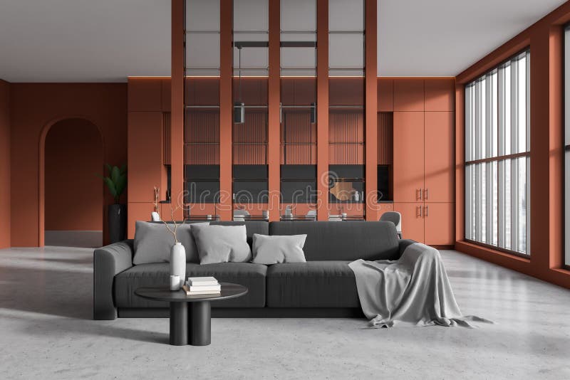 Brown Studio Interior with Chill and Cooking Area with Panoramic Window ...