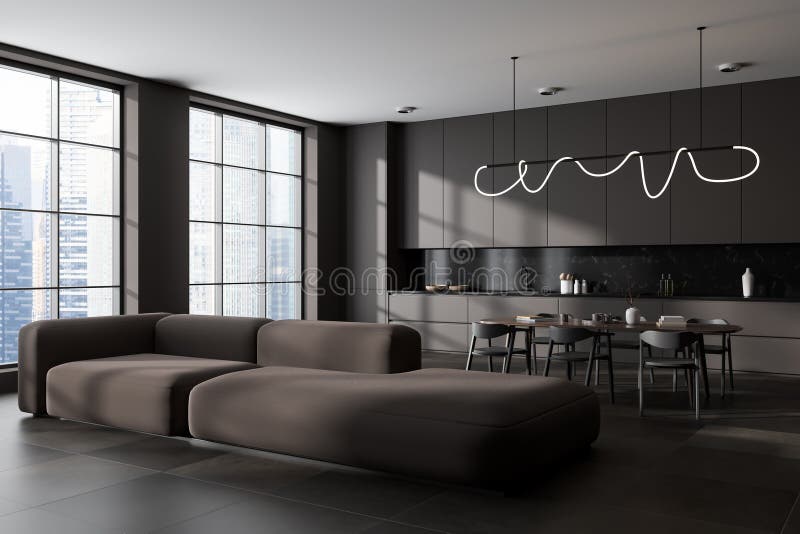 Brown Studio Interior with Soft Place and Dining Area, Panoramic Window ...