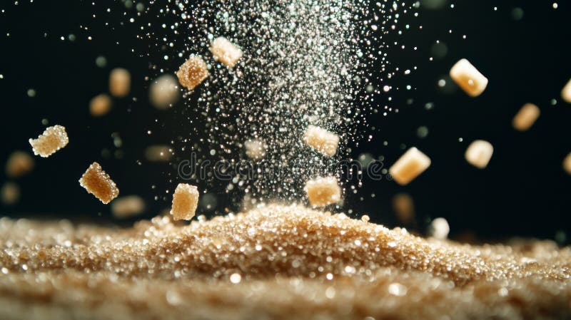 Brown Sugar Crystals Falling on a Pile Against Dark Background Stock ...