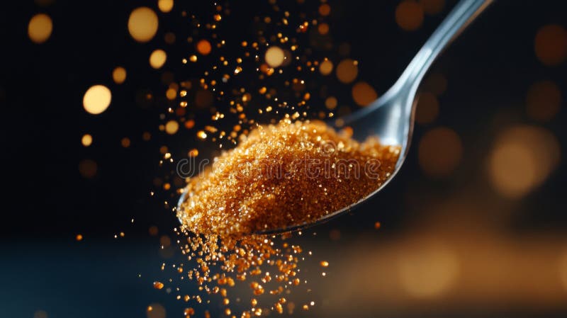 Brown Sugar Crystals Falling from Spoon, Dark Background Stock ...