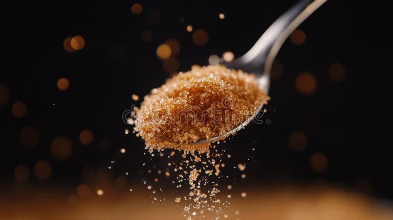 Brown Sugar Falling from a Spoon Against a Dark Background Stock ...