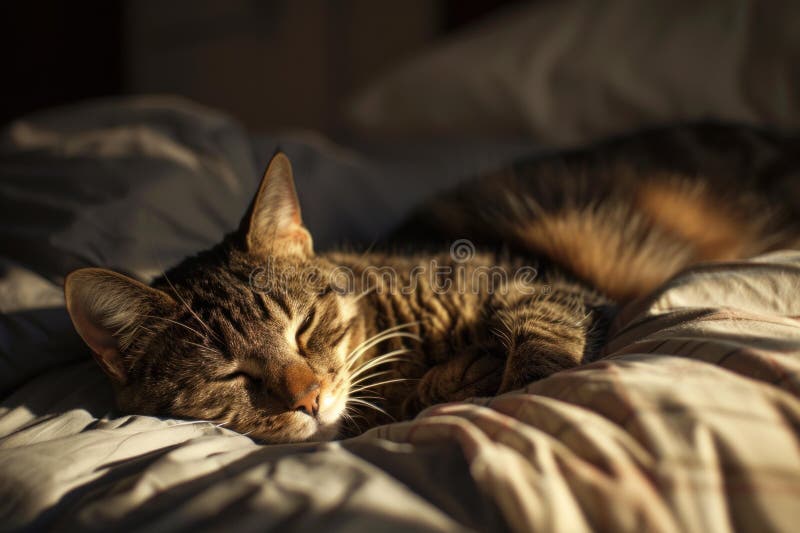 Tabby Cat Sleeping Peacefully in Sunbeam on Bed Stock Photo - Image of ...