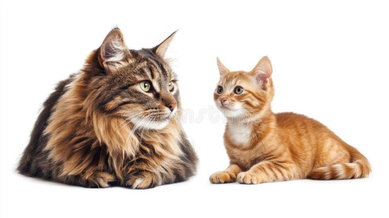 Brown Tabby Cat and Ginger Kitten on White Background Stock ...