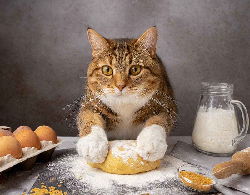 A Brown Tabby Cat Kneading Dough To Make Biscuits with Flour on His Paws - Generated by Ai Stock ...