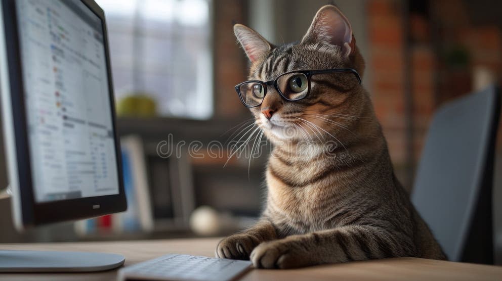 Brown Tabby Cat Wearing Glasses Working at Computer Stock Illustration ...