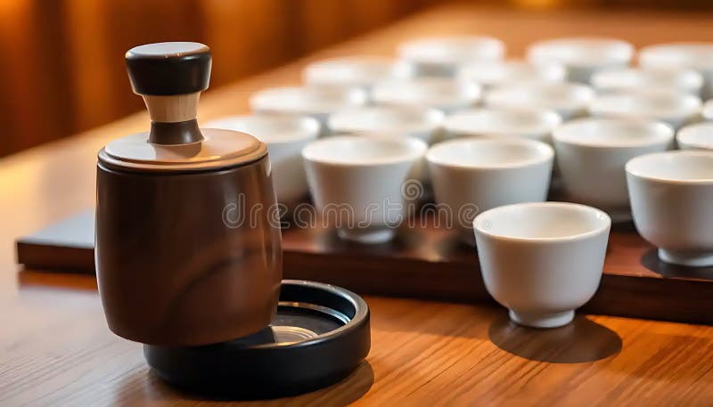Brown Tea Caddy with Rows of White Cups on Table Stock Illustration ...