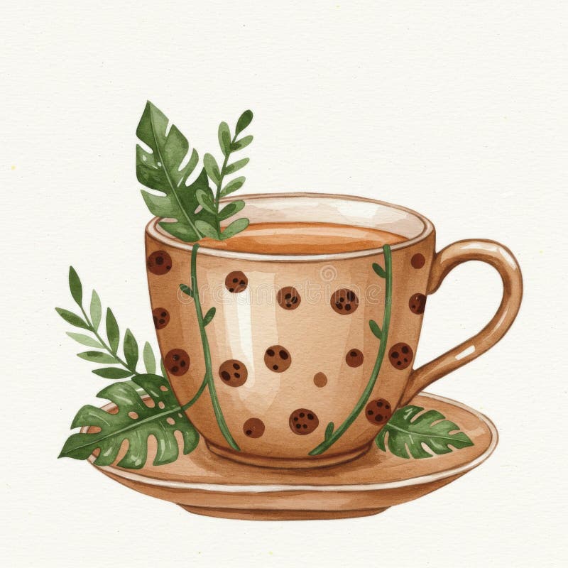 Brown Tea Cup with Leaves Watercolor Illustration Stock Illustration ...