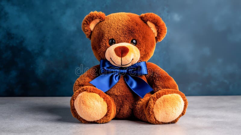 A Brown Teddy Bear with a Blue Bow Sitting on a Table Stock Image ...