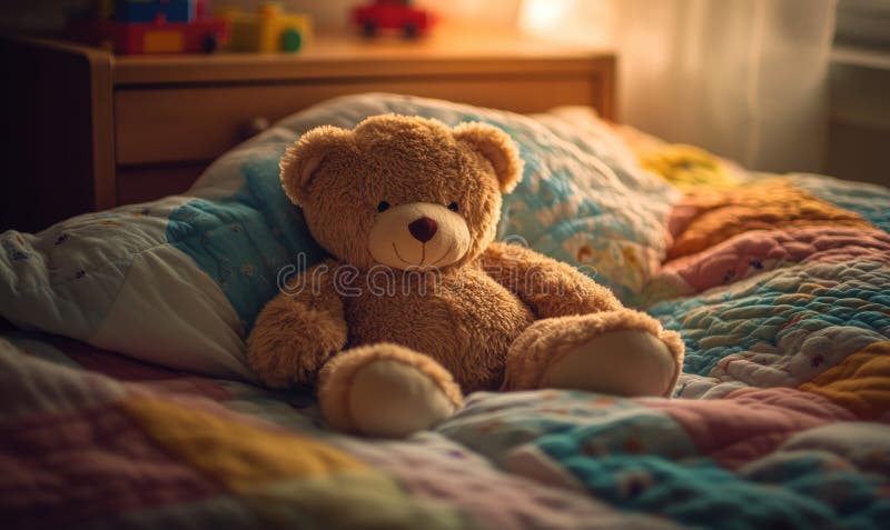 Brown Teddy Bear on Cozy Bed, Colorful Bedding Stock Photo - Image of ...