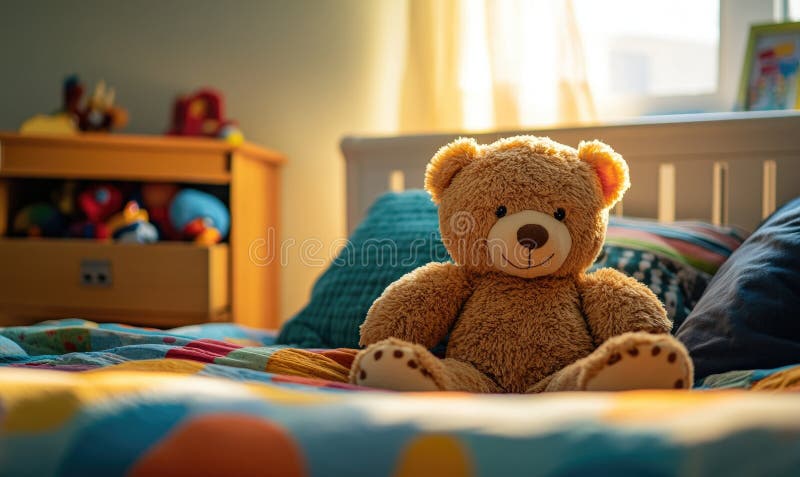Brown Teddy Bear on Cozy Bed, Colorful Bedding Stock Image - Image of ...