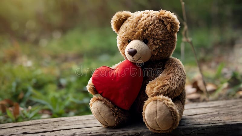 Brown Teddy Bear Holding Red Heart on Dirt Path Stock Video - Video of ...