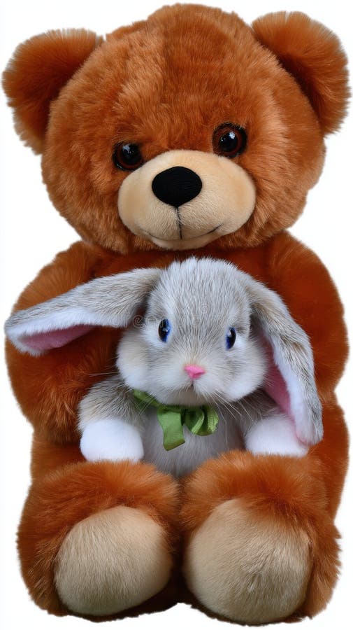 Brown Teddy Bear Holding Stuffed Gray and White Rabbit Toy on a White ...