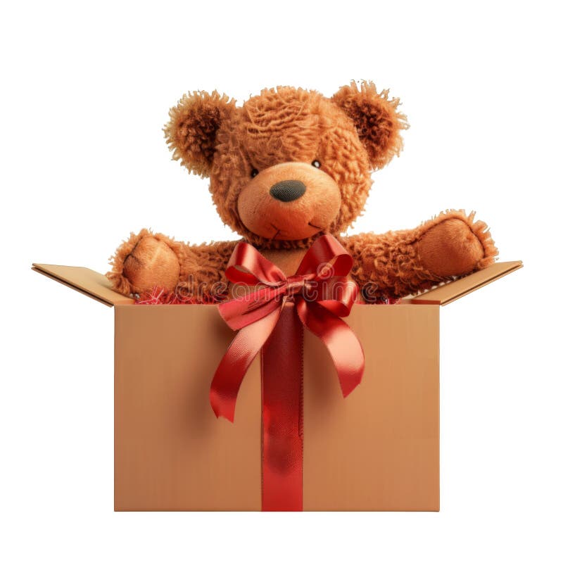 Brown Teddy Bear Peeking from a Cardboard Box with a Red Bow Stock ...