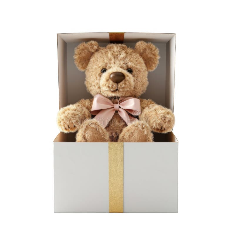 A Brown Teddy Bear with a Pink Bow Inside a White Gift Box with a Gold ...