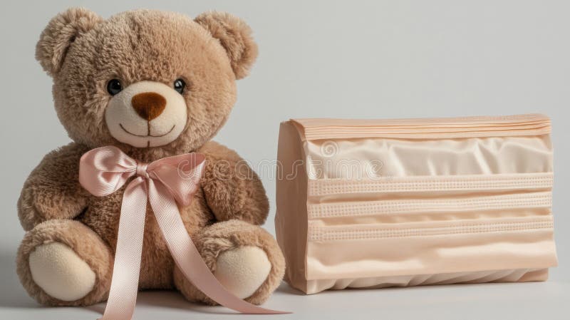 Brown Teddy Bear with Pink Ribbon beside Peach Face Masks Stock ...