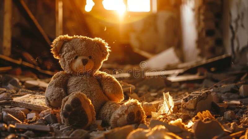 Brown Teddy Bear on Rubble stock illustration. Illustration of ...