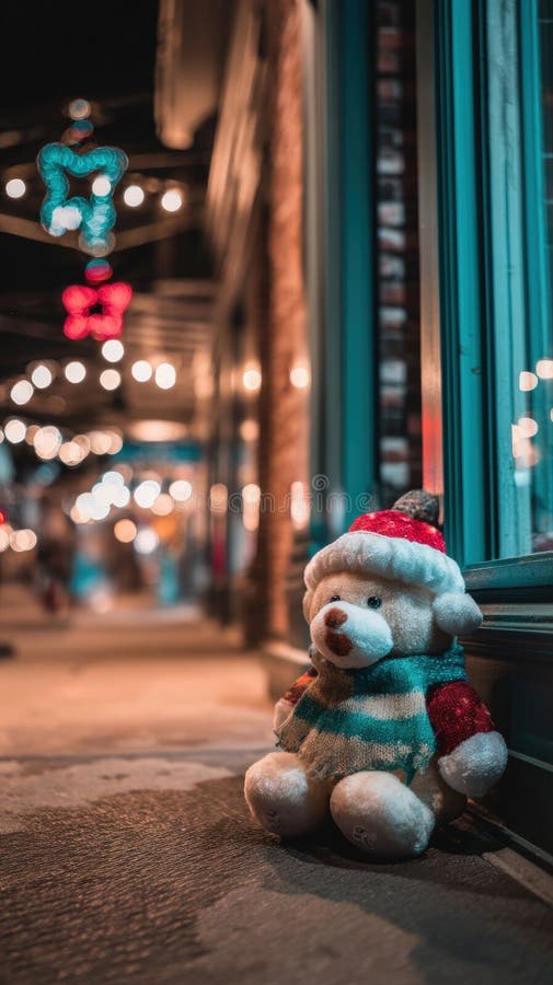 A Brown Teddy Bear Sits Alone on a Sunny Sidewalk Outside a Glass ...