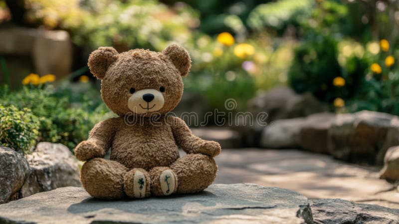 Brown Teddy Bear Sitting Amongst Garden Rocks Stock Illustration ...